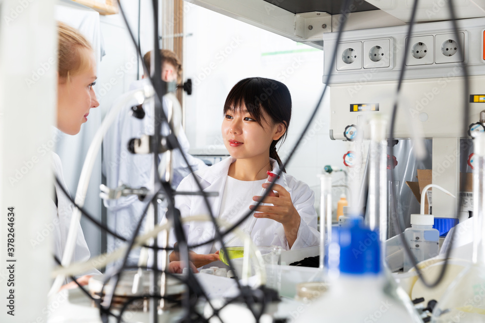 Chinese girl working with reagents in test tubes during chemical ...