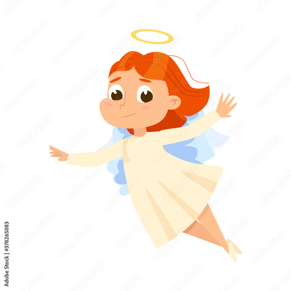 Cute Baby Angel Flying in Sky, Angelic Girl with Wings and Halo Cartoon ...