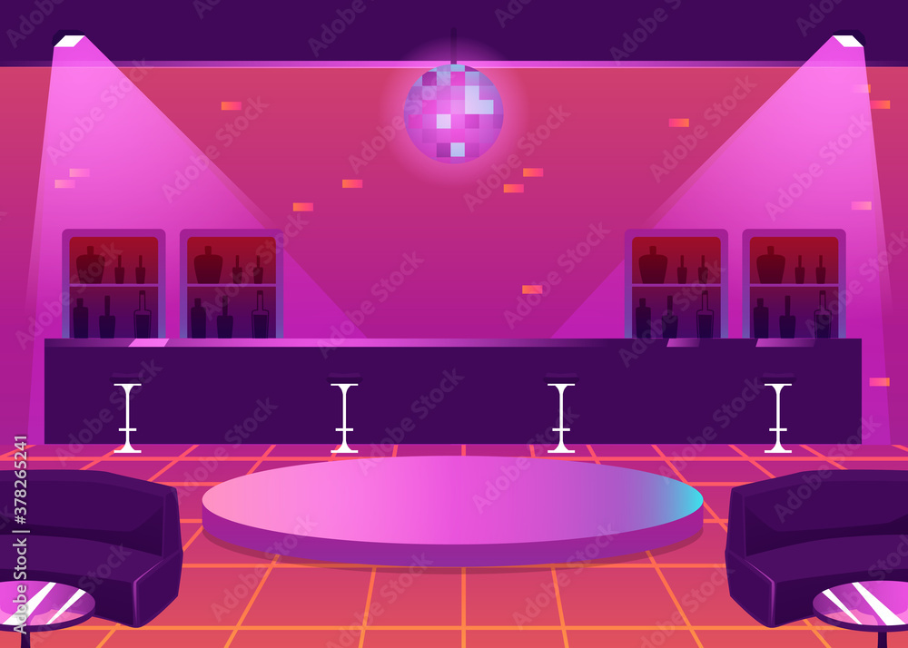Empty nightclub or bar with counter and dance floor, flat vector ...