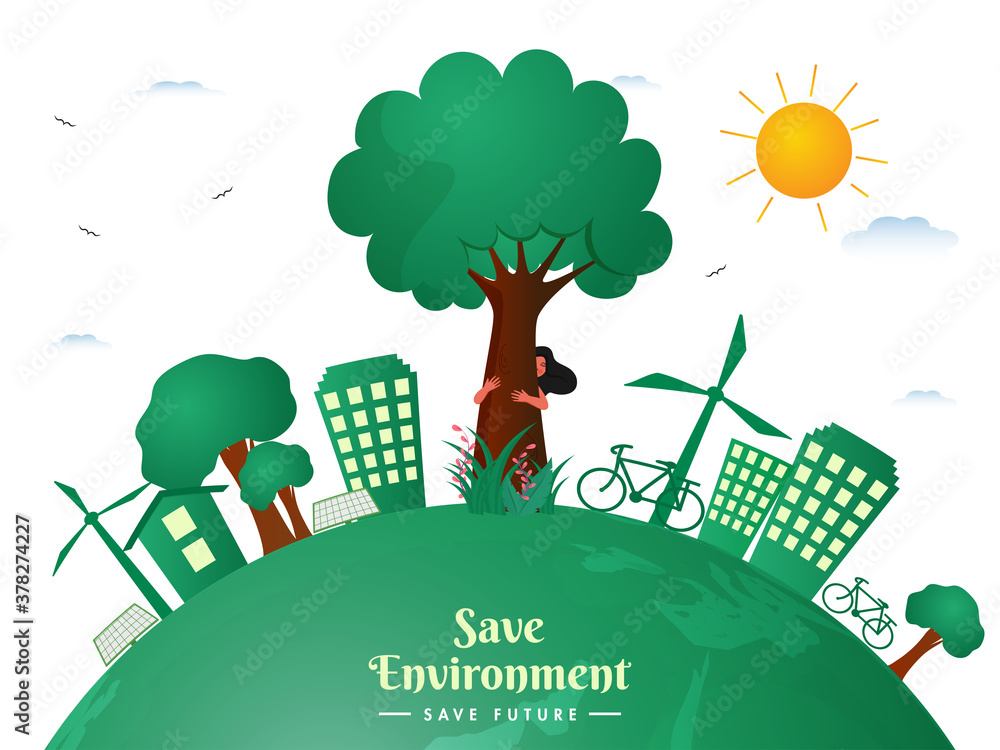 Illustration of Green City View with Earth Globe and Sunshine on White ...