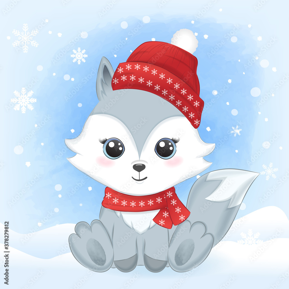 Cute Baby Fox and snow cartoon hand drawn watercolor illustration Stock ...