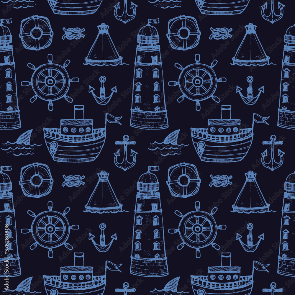 Seamless pattern with cute hand drawn elements of marine theme ...