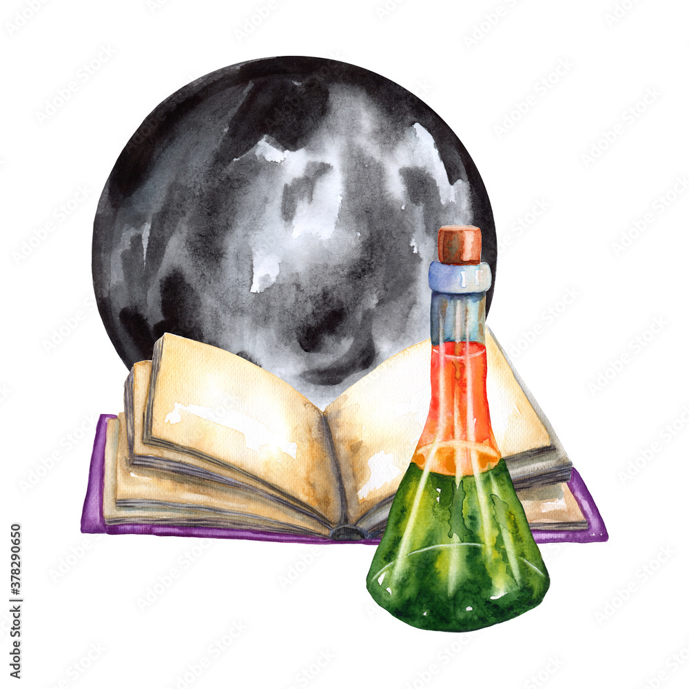 Watercolor book of magic and potion, poison in a glass bottle, vial ...