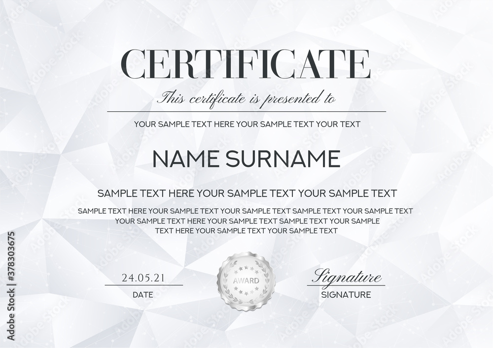 Vetor de Certificate template with geometric poly pattern (triangle shape texture) and curved ...