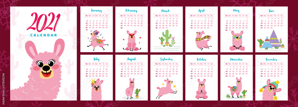 Calendar 2021. Vector basic grid with pink llamas. Cartoon alpaca in ...