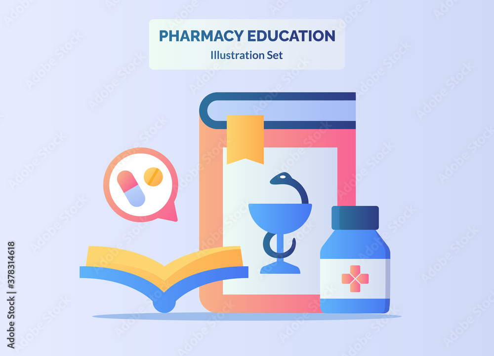 Pharmacy education concept learn book pill tablet drugs with flat ...