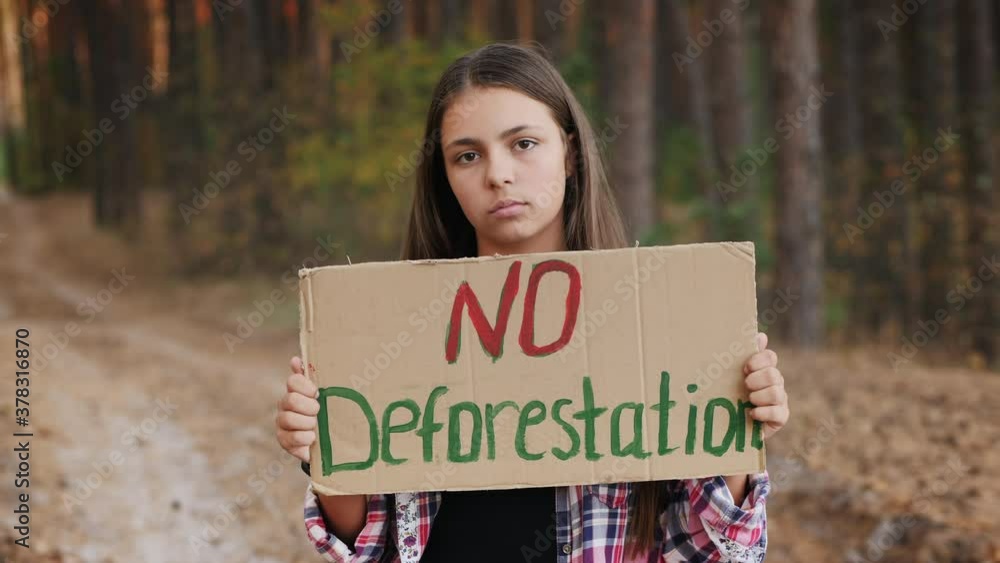 Young girl with No Deforestation poster. Young activist holding ecology ...