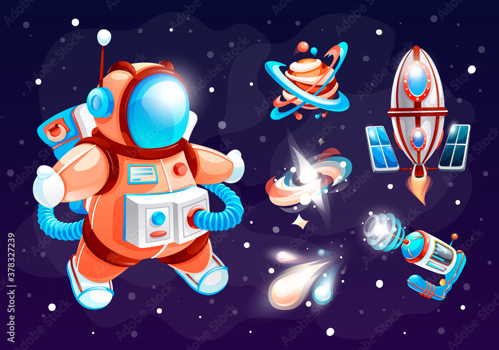 Cartoon space icons at dark cosmos background. Space elements with ...