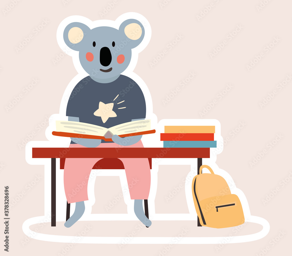 Cute little Koala bear student working at a desk with school bag and ...