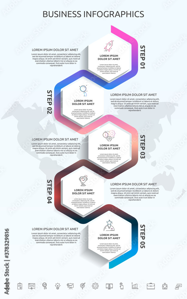 Vector infographic template hexagons for five icons, diagram, graph ...