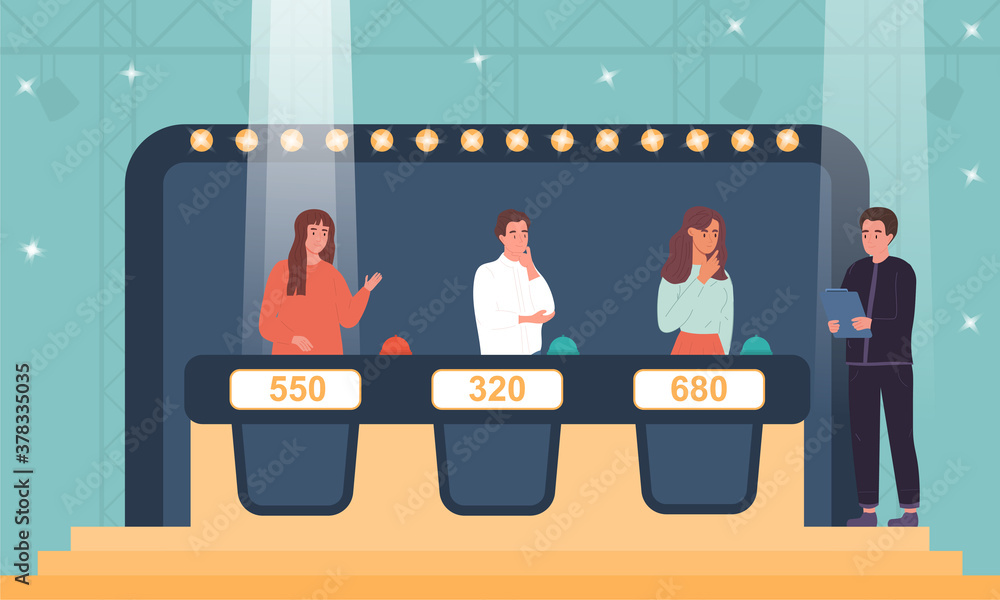 TV game show with host and three contestants answering questions or ...