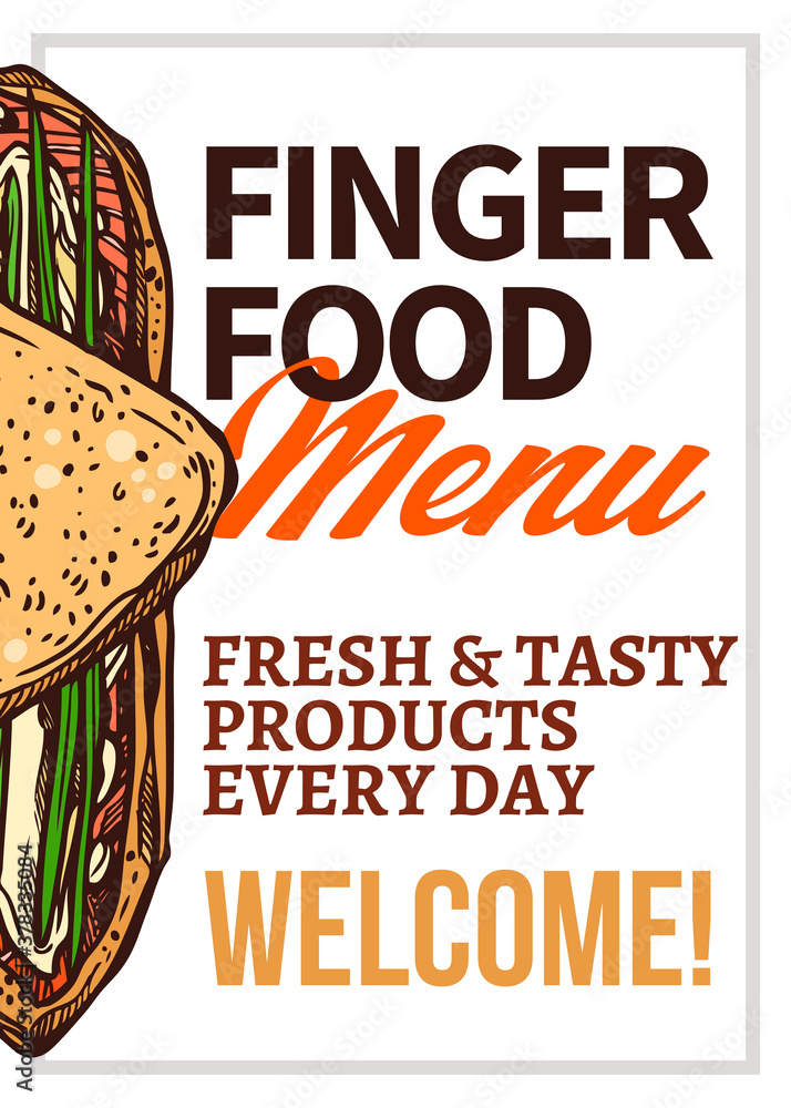 Finger food menu vector hand drawn poster template. Homemade sandwiches ...