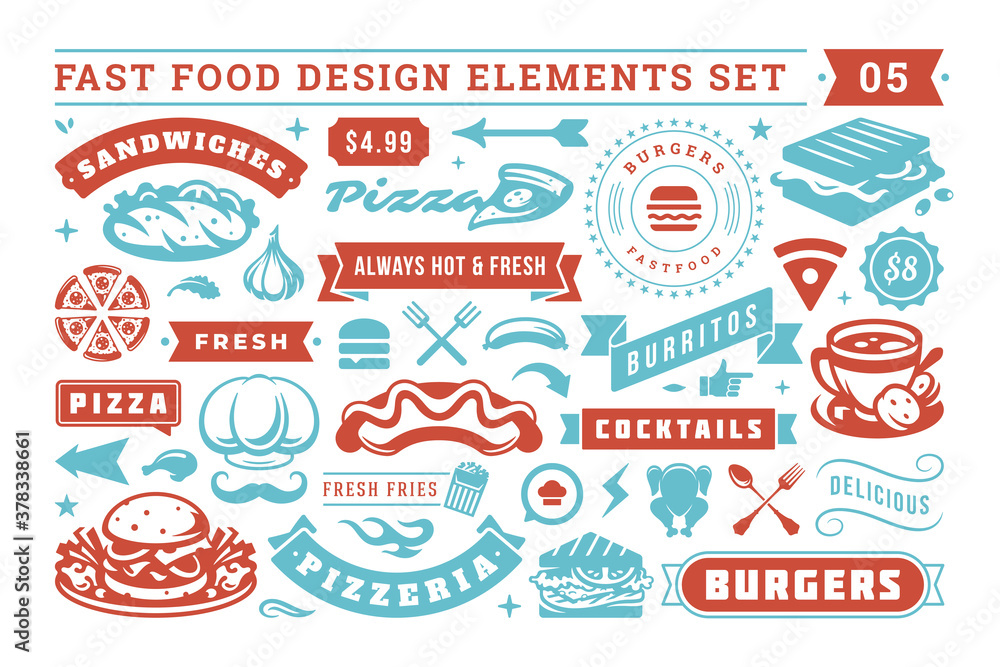 Fast food and street signs and symbols with retro typographic design ...