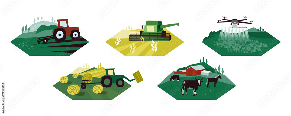 Set of agriculture activity illustrations. Icons of irrigation tractor ...