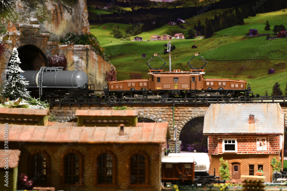 Florence, ITALY - December 2019: Miniature railway model with landscape ...