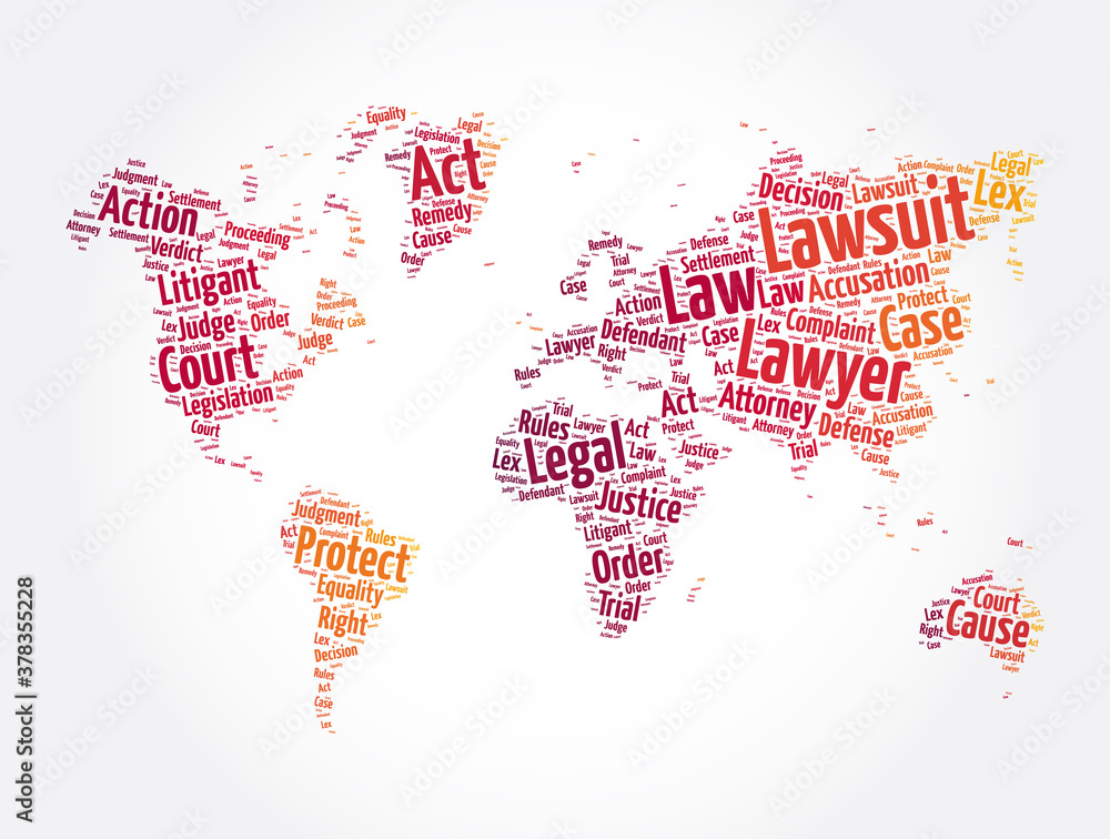 Lawsuit word cloud in shape of world map, law concept background Stock ...