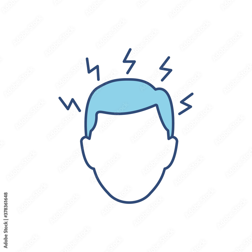 Migraine linear blue icon. Human head with lightning bolt flu symptom ...