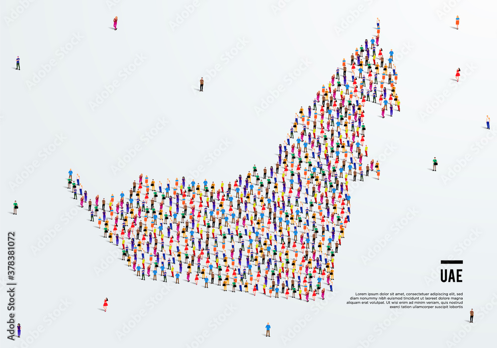 UAE or United Arab Emirates Map. Large group of people form to create a ...
