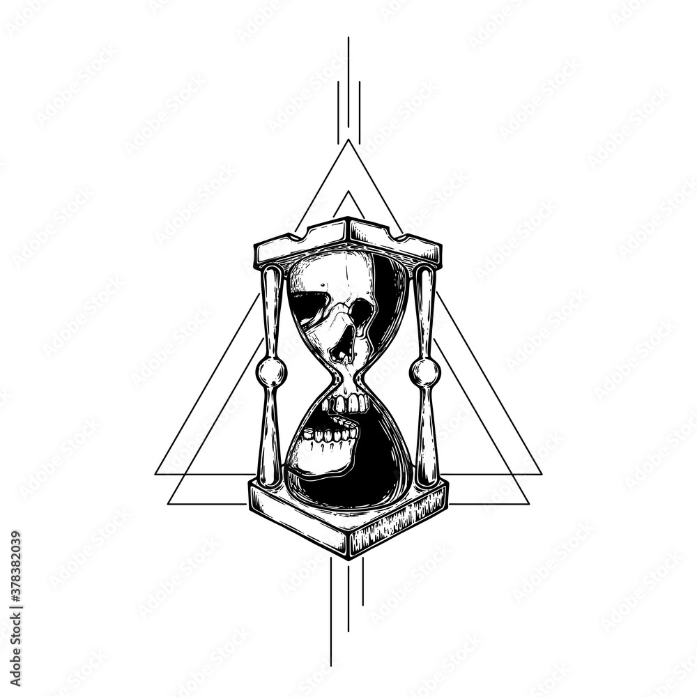 Decorative antique death hourglass illustration with skull and geomatry ...