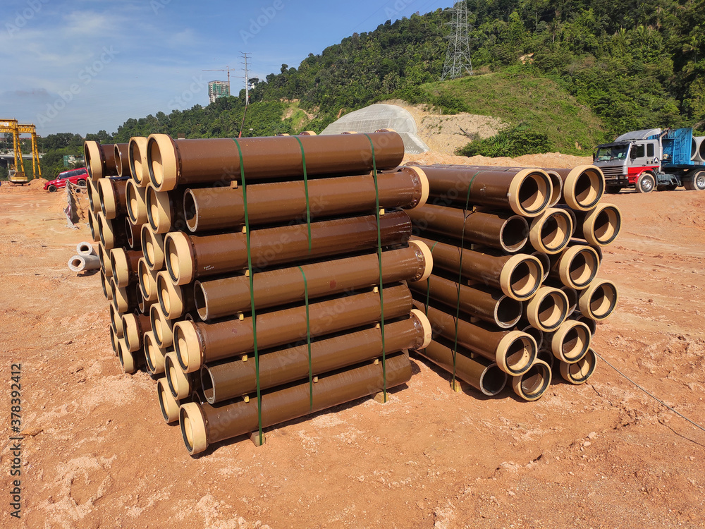 SEREMBAN, MALAYSIA -MARCH 2, 2020: Vitrified clay pipe stacked at the ...