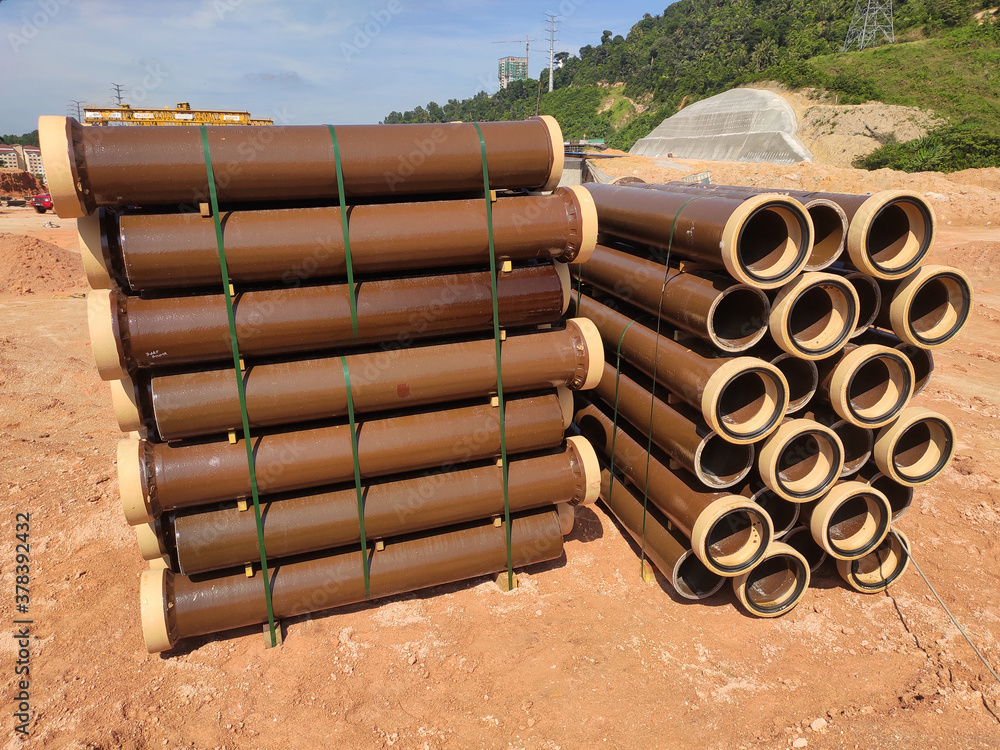 SEREMBAN, MALAYSIA -MARCH 2, 2020: Vitrified clay pipe stacked at the ...
