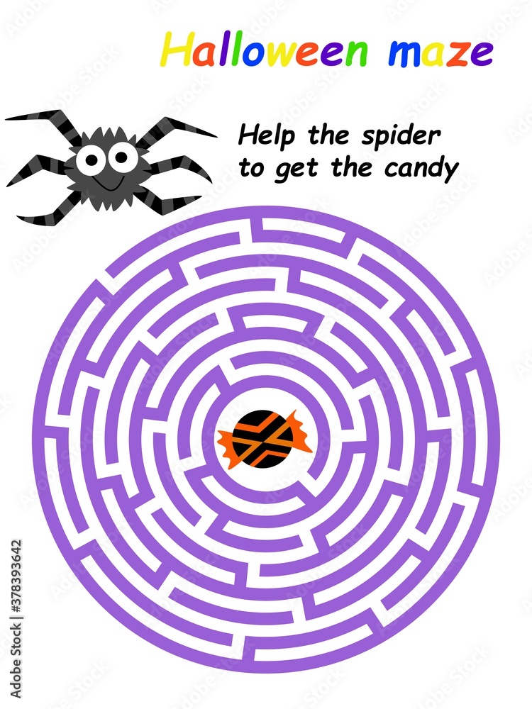Funny halloween labyrinth with cartoon spider and candy stock vector ...