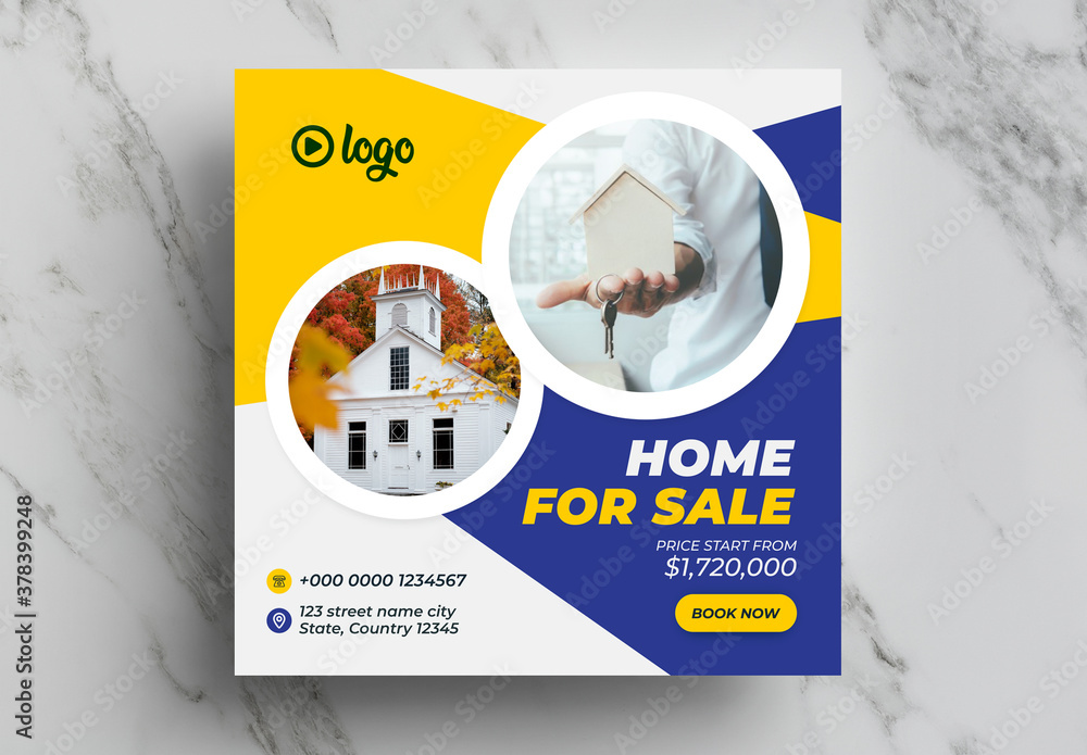 Real Estate Property Marketing Social Media Banner with Blue and Yellow ...