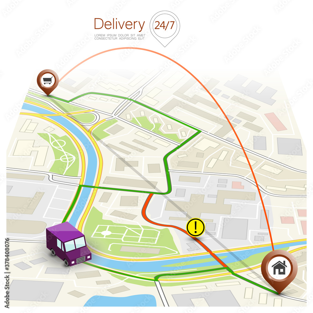 City map navigation delivery route, point markers delivery van, drawing ...