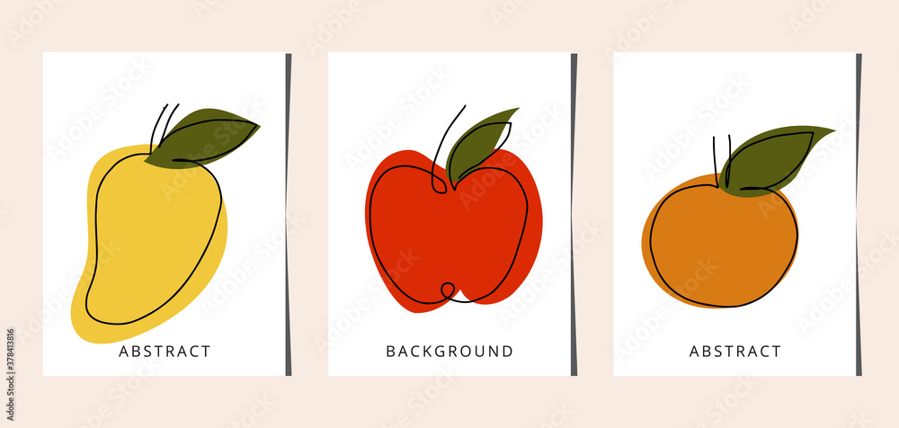 Line art mango, orange, apple set. One line drawing. line art, card ...