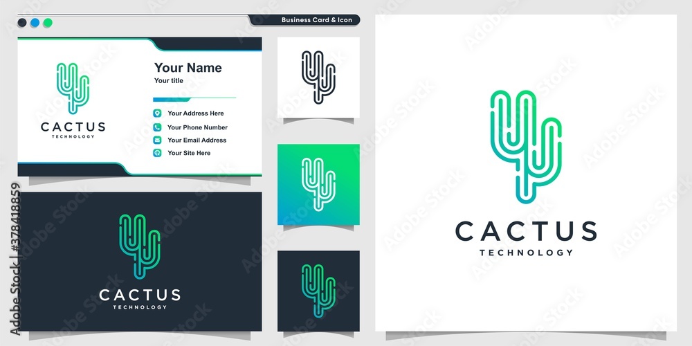 Cactus logo with modern technology line art style and business card ...