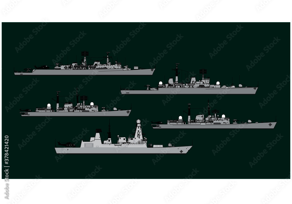 Royal Navy. Postwar British guided missile destroyers. Side view ...