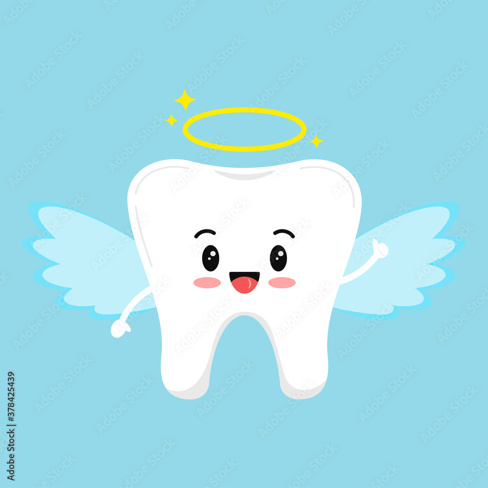 Cute tooth emoji angel isolated on blue background. Flat design cartoon kawaii style smiling ...
