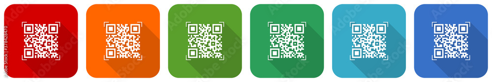 Qr code, shopping icon set, flat design vector illustration in 6 colors ...