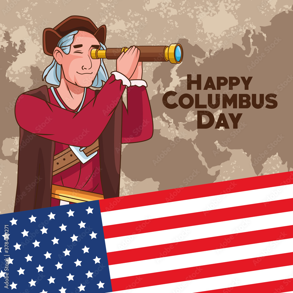 Columbus day celebration scene of christopher using telescope and usa ...