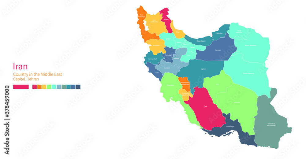 Iran map. Colorful detailed vector map of the Arab, Middle East country ...