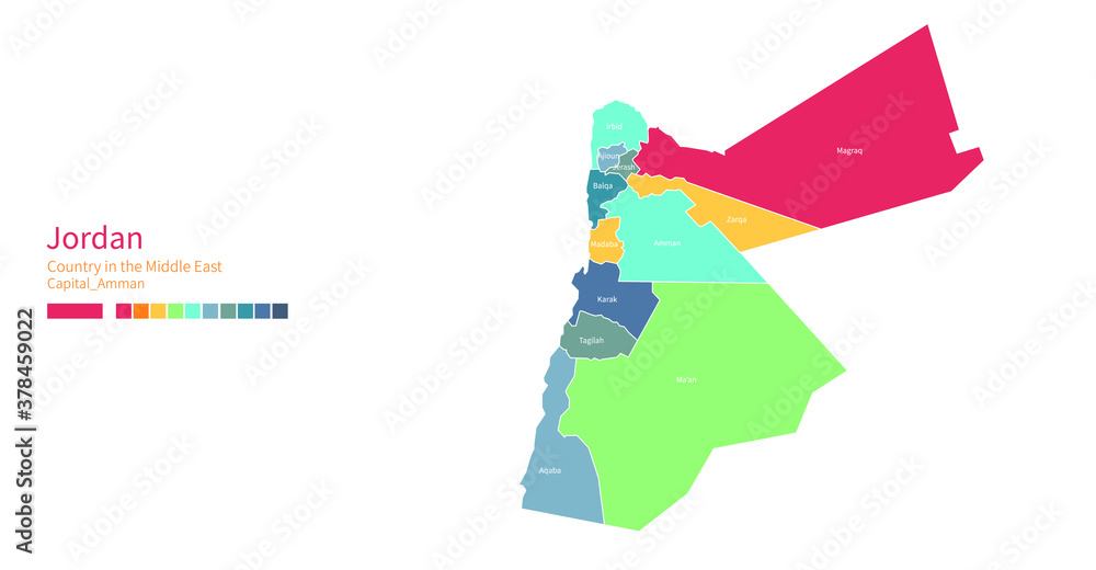 Jordan map. Colorful detailed vector map of the Arab, Middle East ...