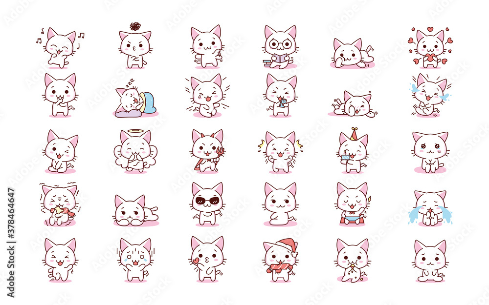 Isolated set complete kitty emoji cute sticker icon- Vector Stock ...