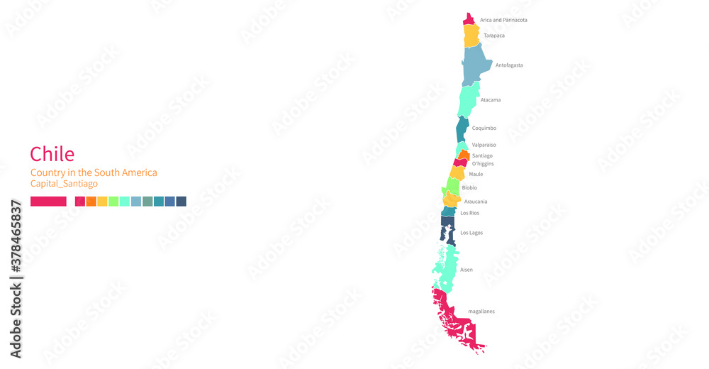 Chile map. Colorful detailed vector map of the South America, Latin ...