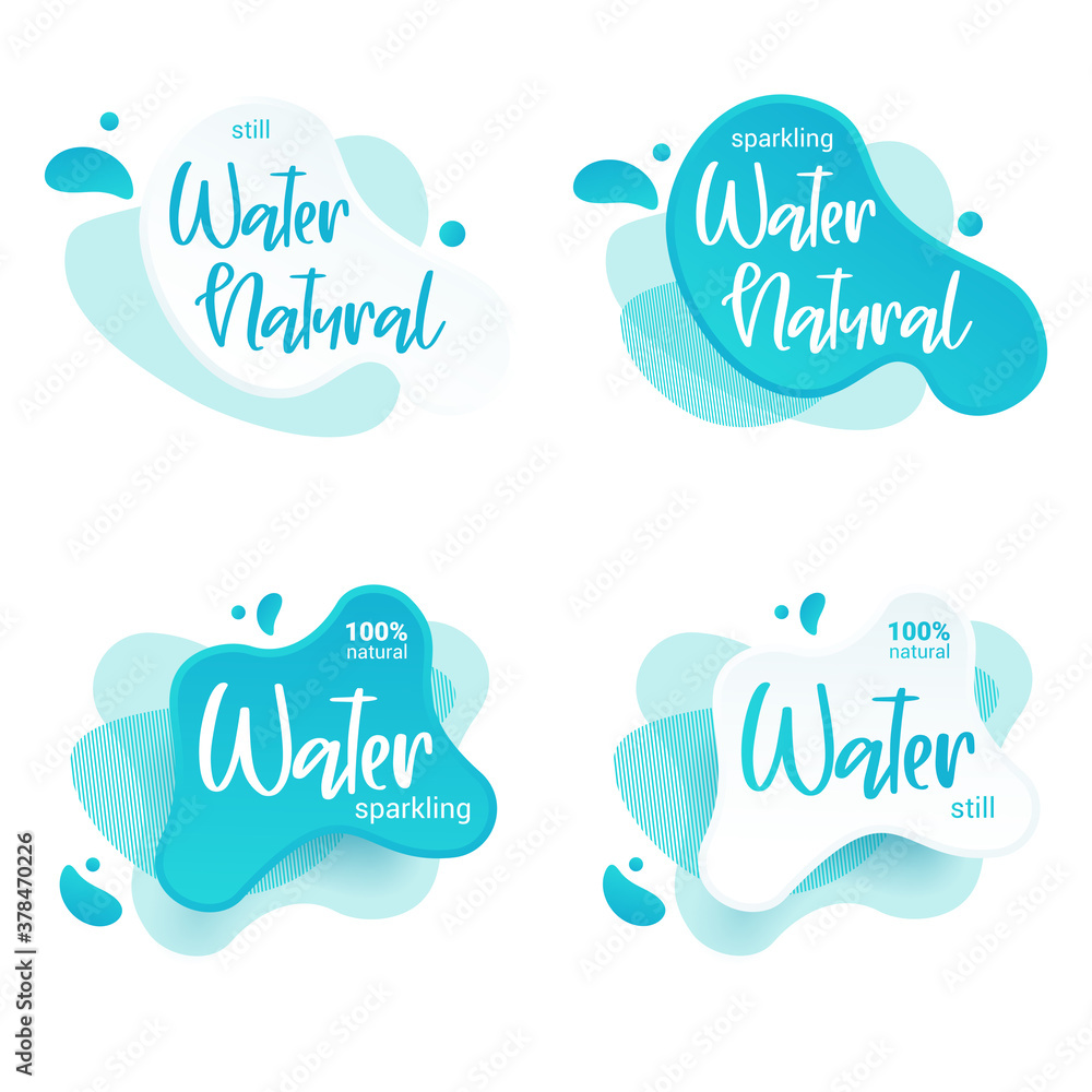 Vetor de Mineral water tag. Blue label and stikers emblem with drops of ...