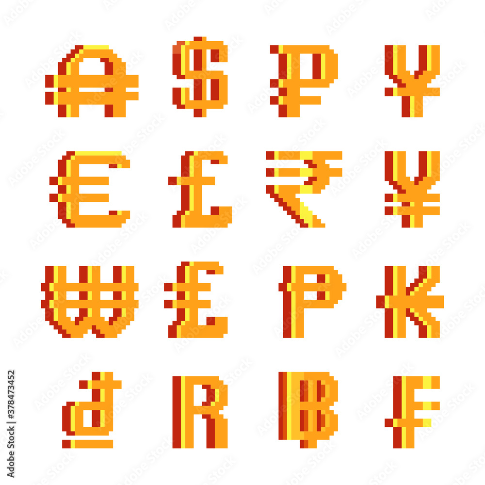 Сurrency signs and flags of different countries. World gold money pixel ...