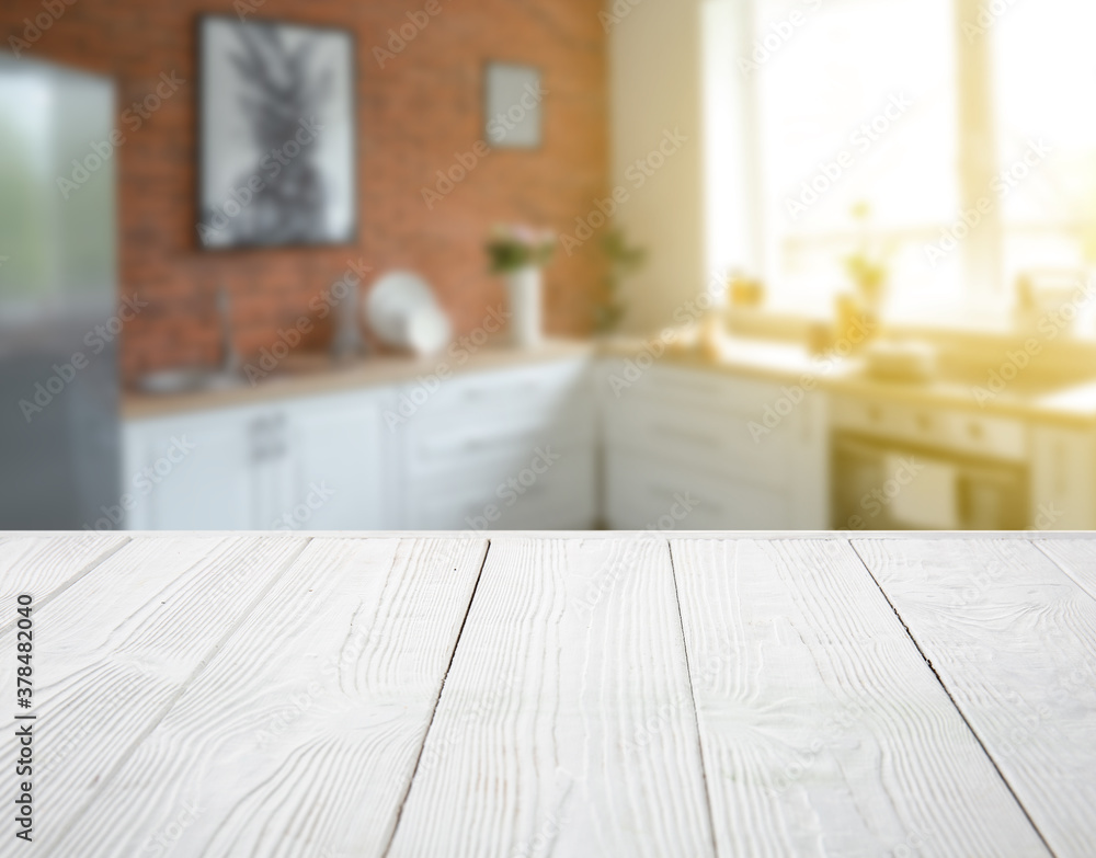 Empty wooden table in modern kitchen Stock Photo | Adobe Stock