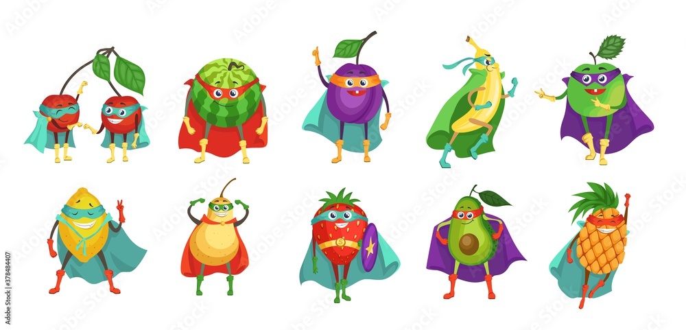 Funny superhero fruit and berry cartoon character set, flat vector ...