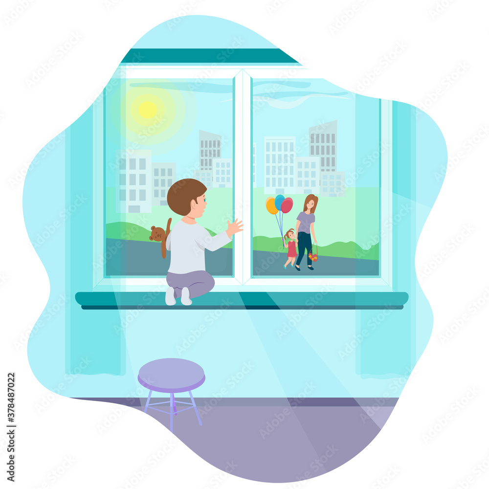 Orphan child, orphanage, orphans, boy looks out the window and misses ...