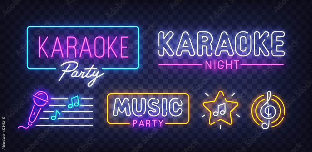 Karaoke neon sign. Sign of Karaoke Party with colorful neon lights ...