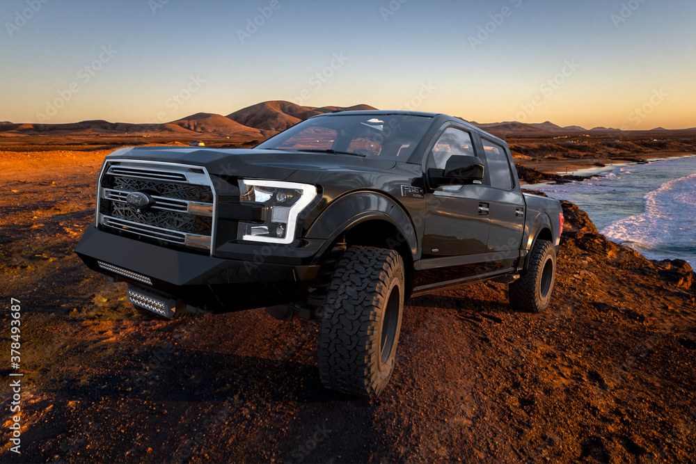 Ford F-150 Raptor in the wilderness over the ocean at sunset Stock ...