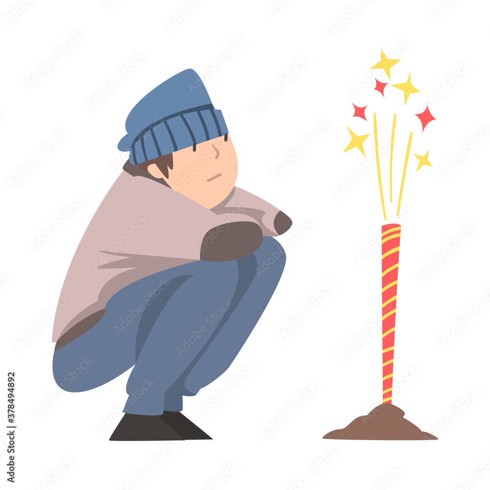 Boy Launching Fireworks, Teenage Boy Squatting and Watching Firework ...