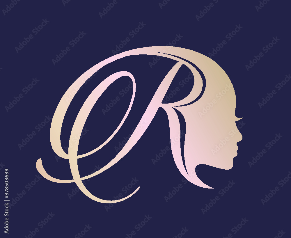 Letter R and woman face silhouette.Beauty and hair salon logo.Cosmetics ...