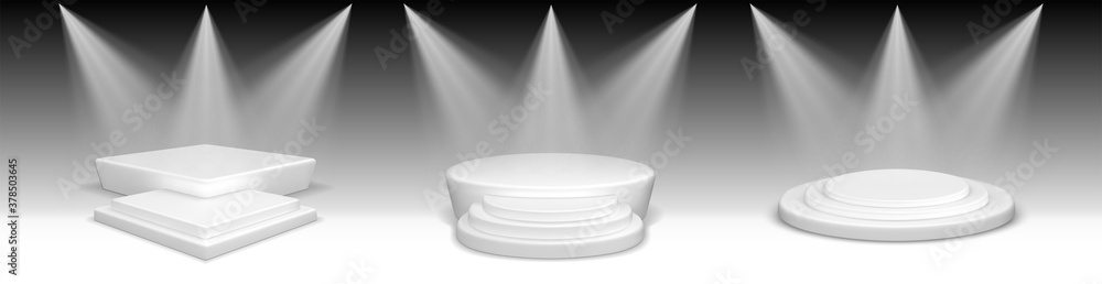 Realistic podiums mockup. Collection of realism style drawn round and ...