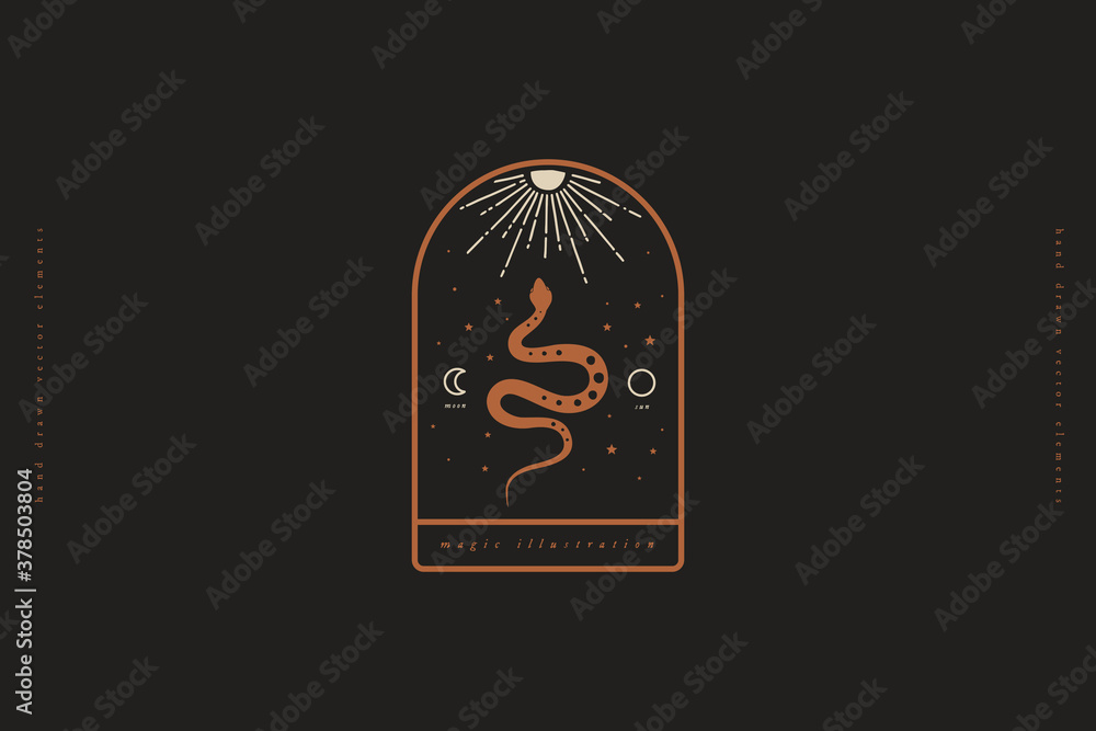 Mystical composition with a wriggling snake on black background ...