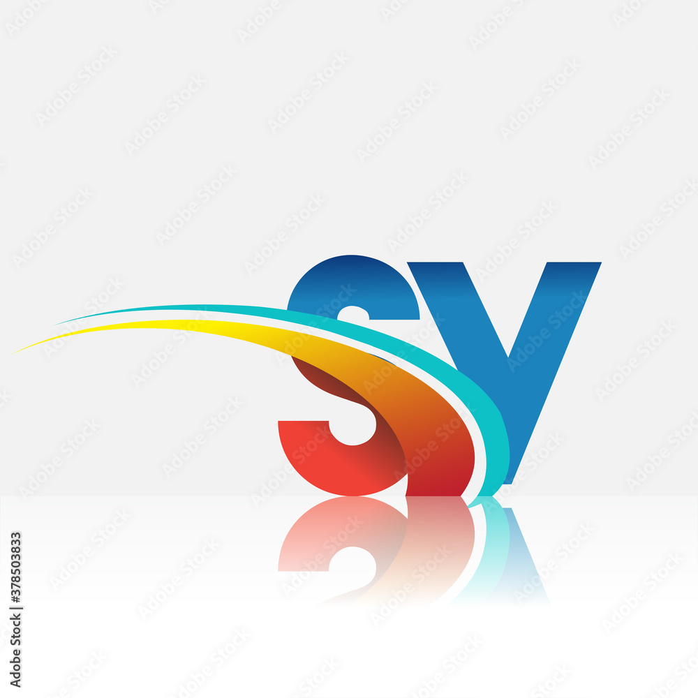 initial letter SY logotype company name colored red and blue and swoosh ...